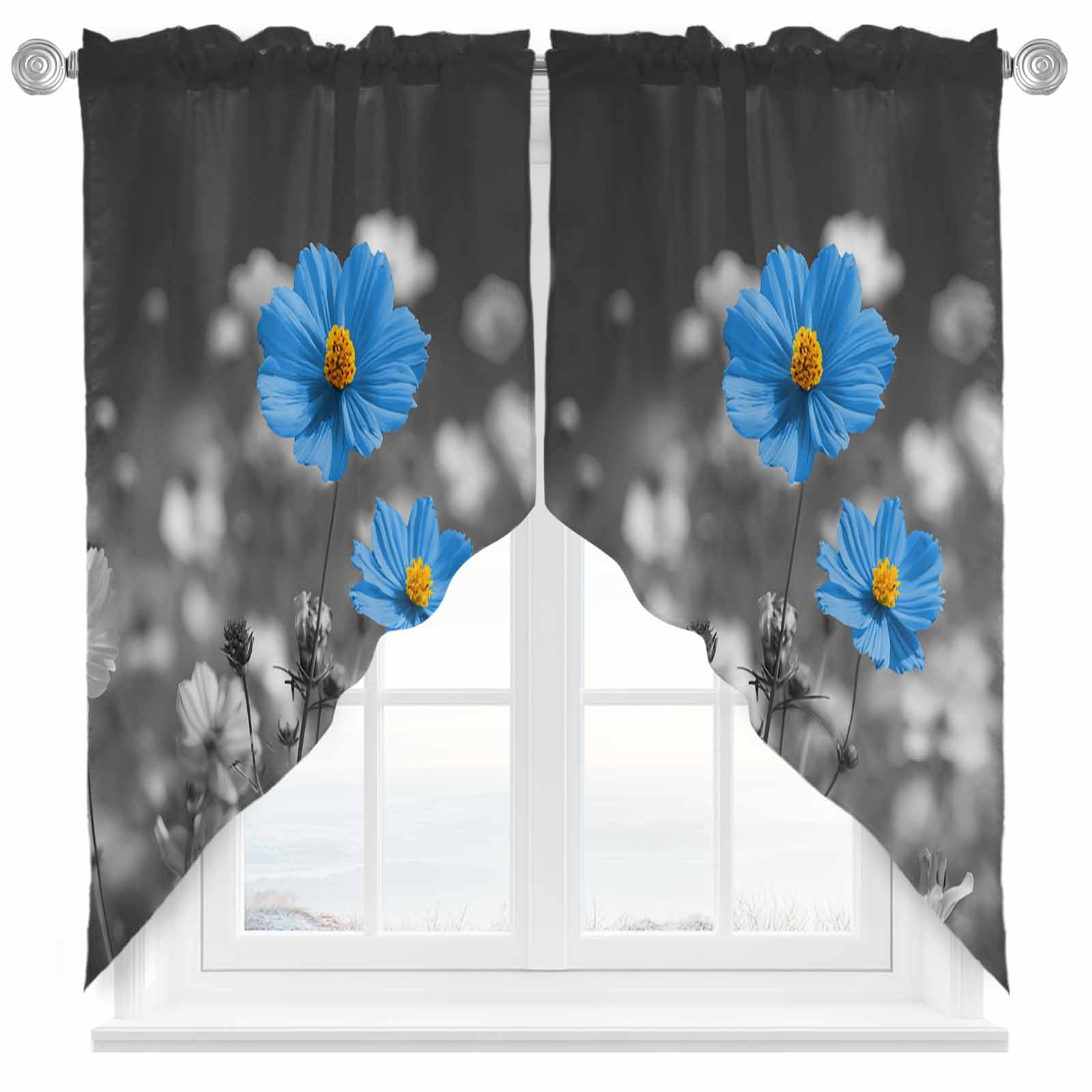 Blue Daisy Swag Kitchen Curtain Valances, Abstract Blue Black White ...