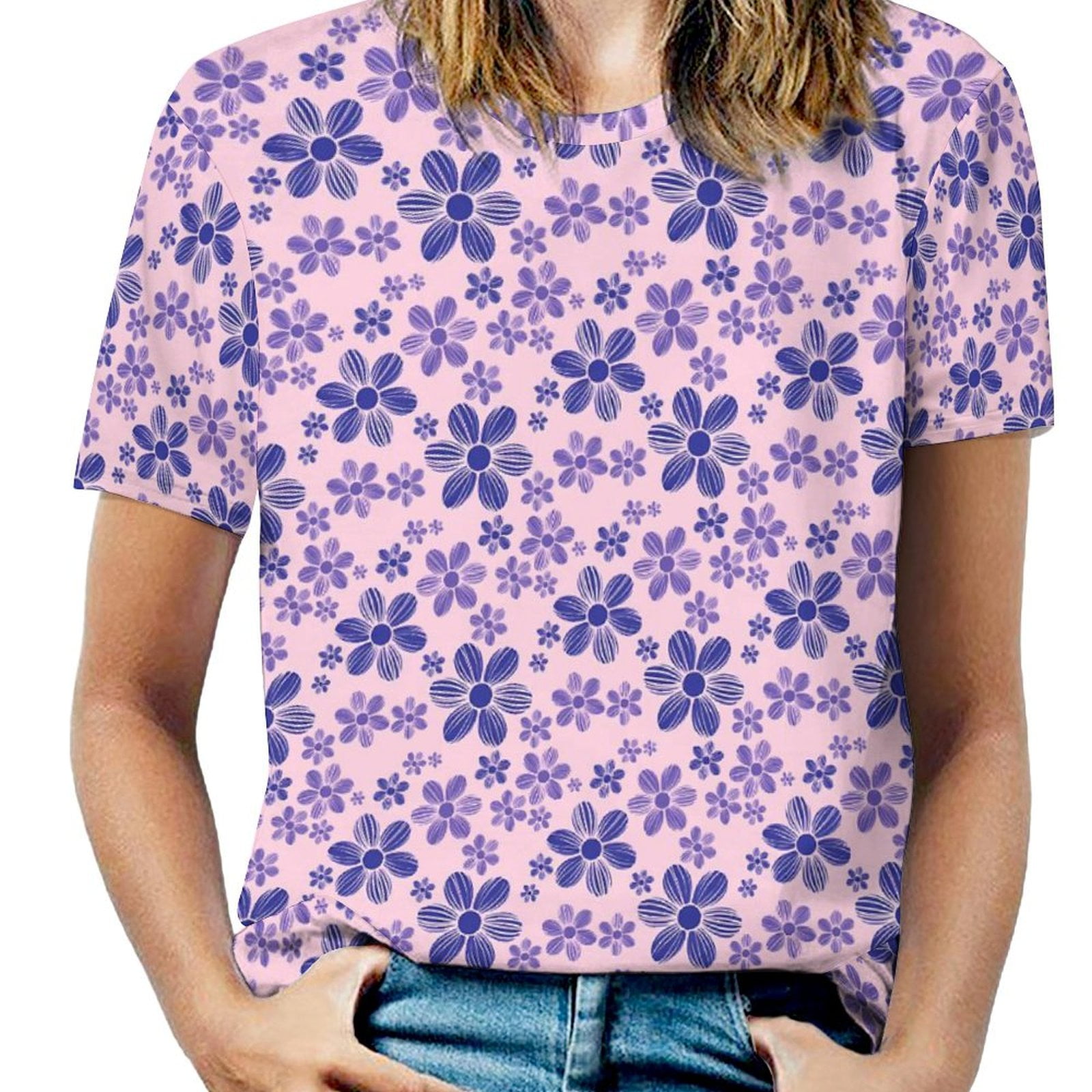 Blue Daisy T-Shirt Beautiful Flower Print Aesthetic T Shirts Short Sleeves Tee Shirt Beach ...