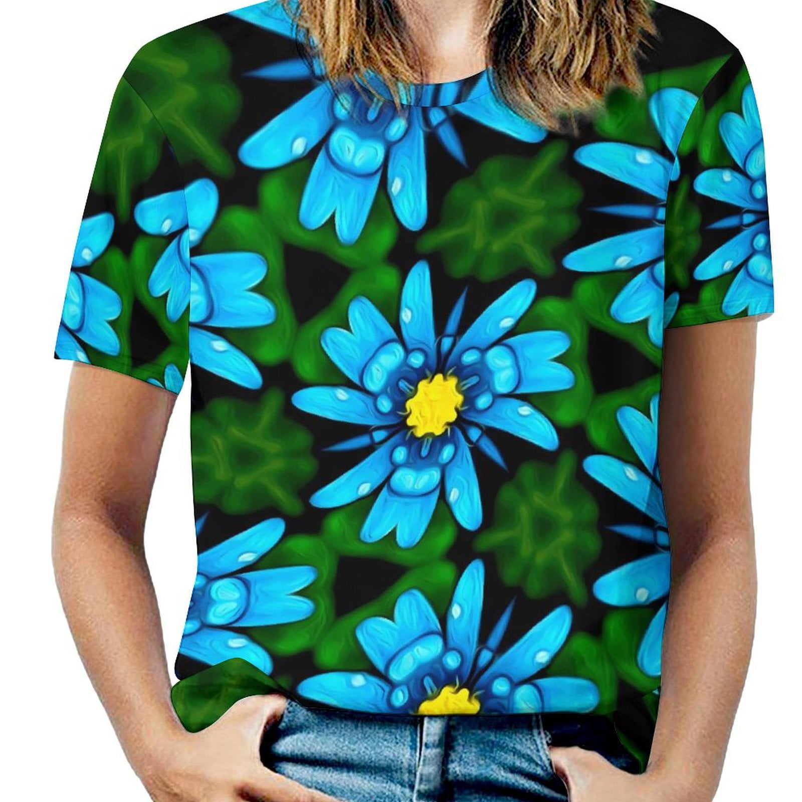 Blue Daisy T-Shirt Beautiful Flower Print Aesthetic T Shirts Short Sleeves Tee Shirt Beach ...