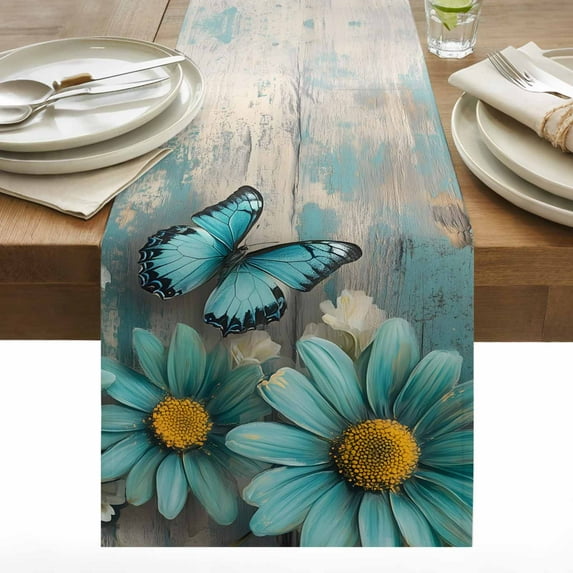 Blue Daisy Table Runner 13x48 inch Spring Flowers Butterfly Cotton ...