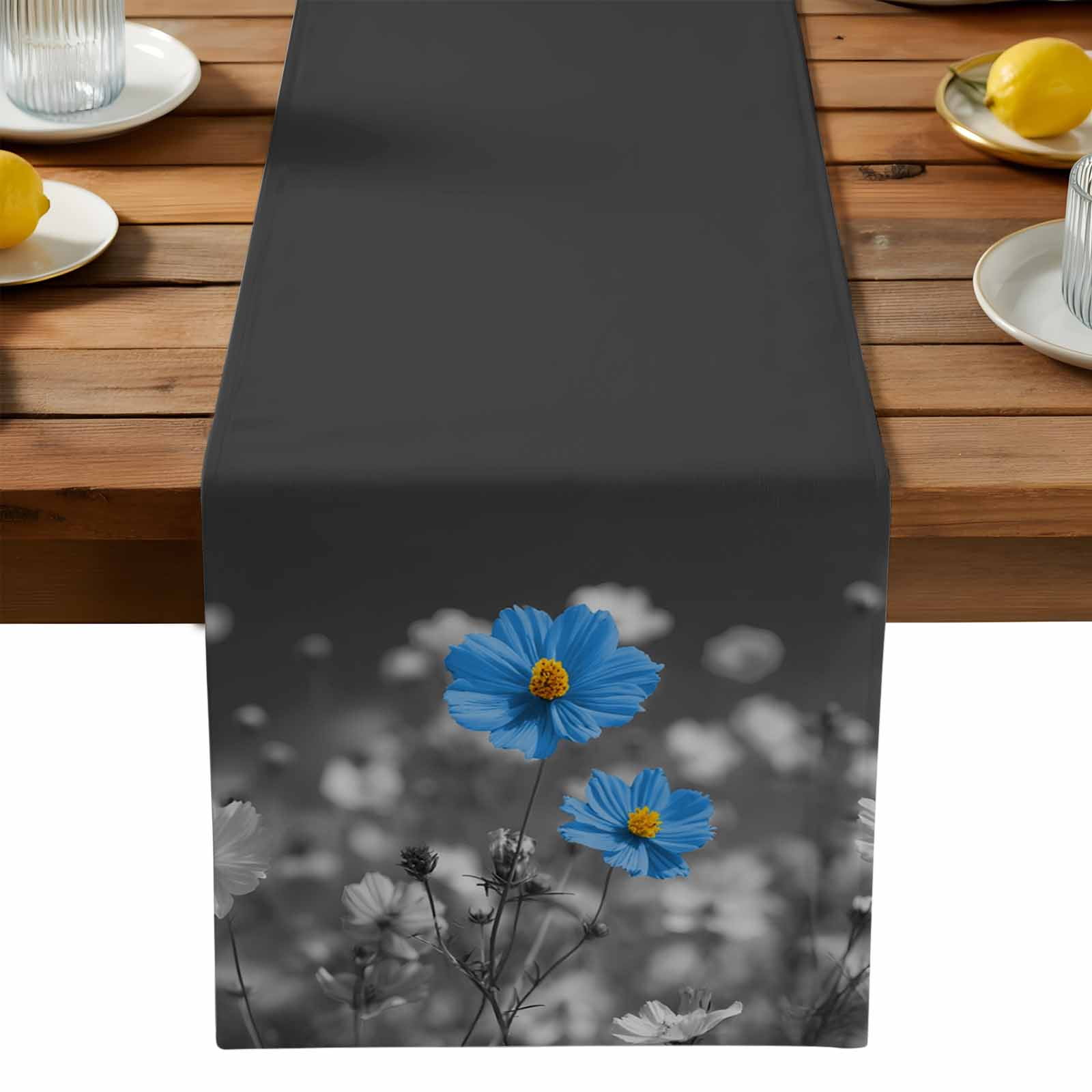 Blue Daisy Table Runner, Abstract Blue Black White Daisy Floral Leaf ...