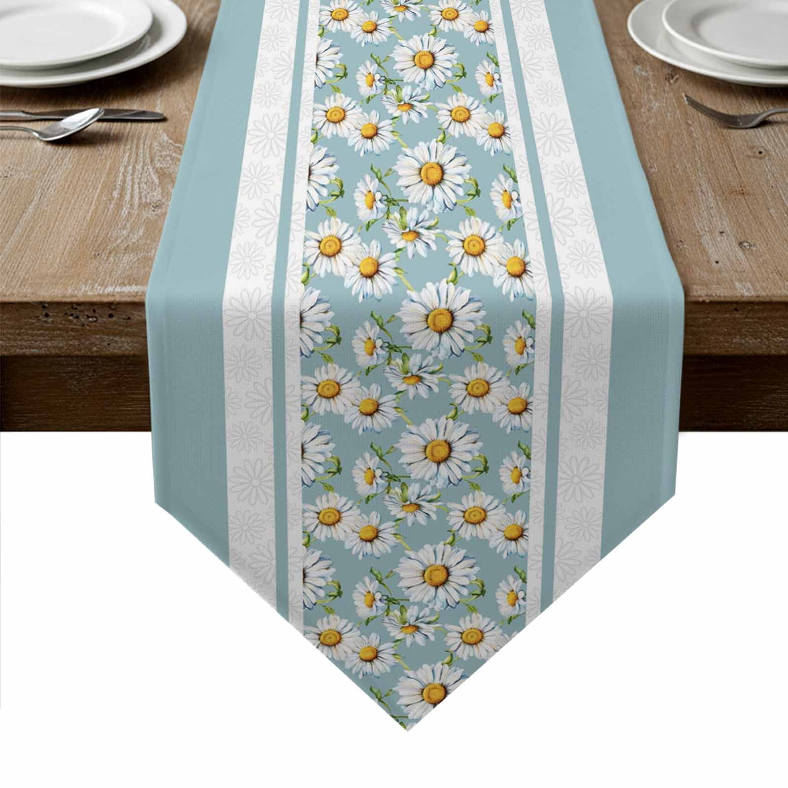 Blue Daisy Table Runner Linen Burlap Table Runner 120 Inches Long ...