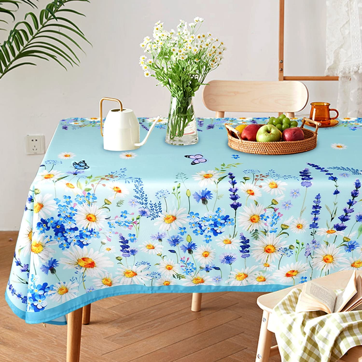 Blue Daisy Tablecloth,Floral Butterfly Tablecover,Spring Summer Flower ...