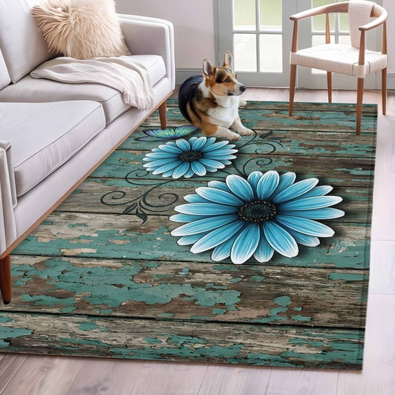 Blue Daisy Washable Area Rug 4x6 Butterfly Farmhouses Countryside Wood ...
