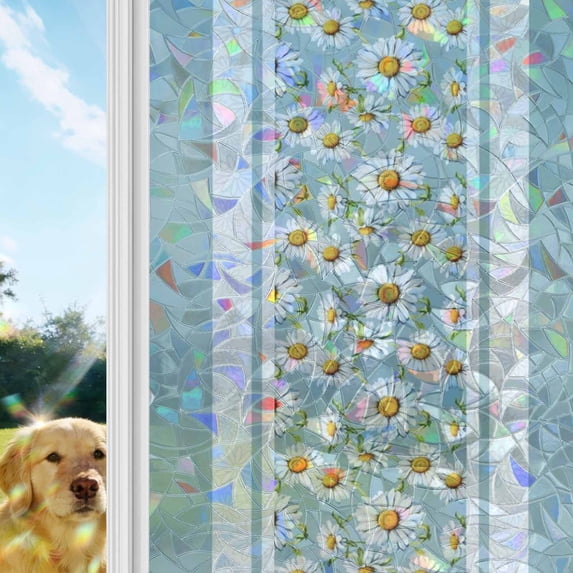 Blue Daisy Window Privacy Film Stain Glass, Reusable Decorative Rainbow ...