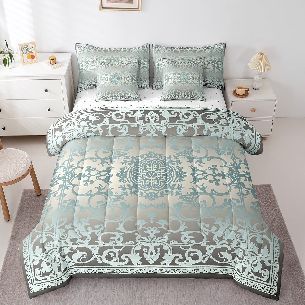 Blue Damask Bed in a Bag Queen Comforter Set 7 Piece Gothic Bedding ...