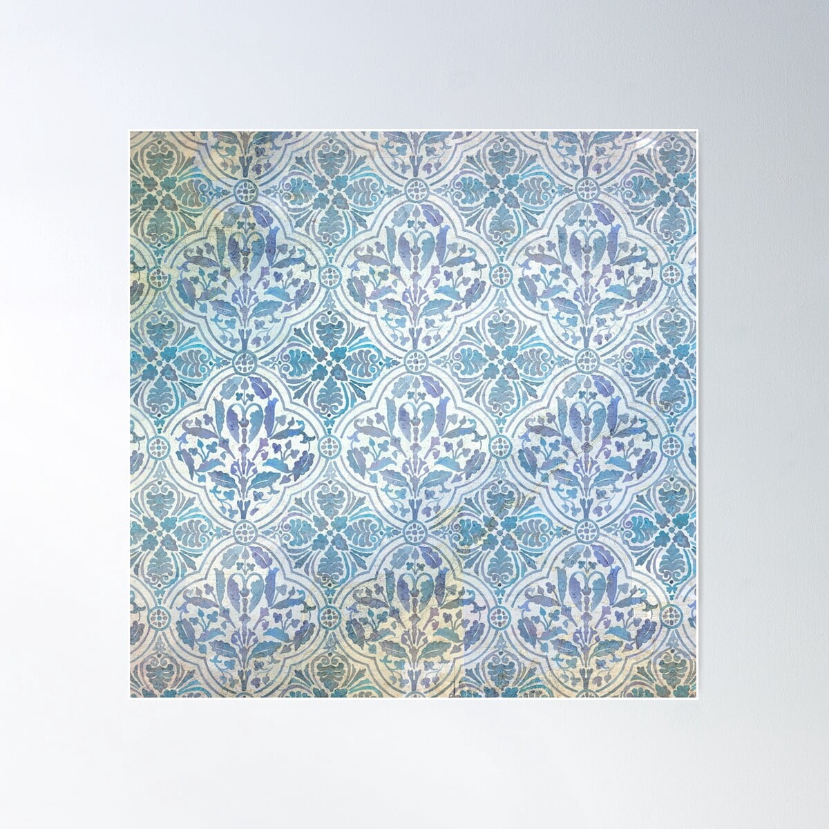 Blue Damask Hand Painted Poster Wall Art, Modern Wall Decor For Living ...