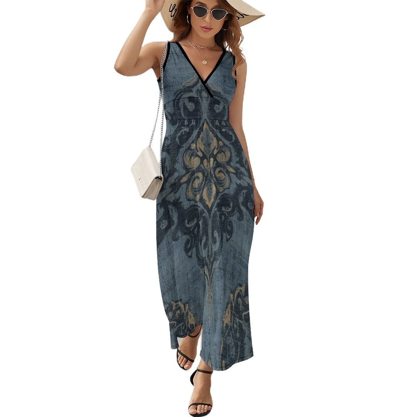 Blue Damask Patterned Rug Dress Summer Street Style Bohemia Long ...