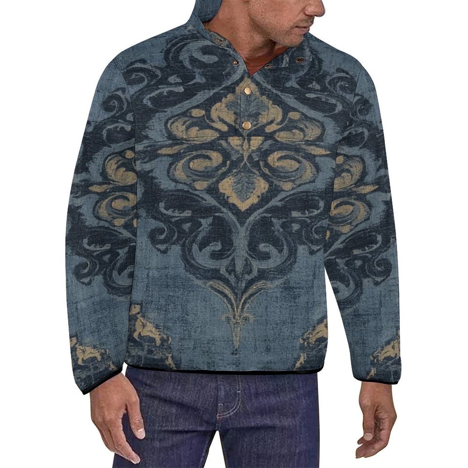 Blue Damask Patterned Rug Men's Stand Collar Sweater Long Sleeve ...