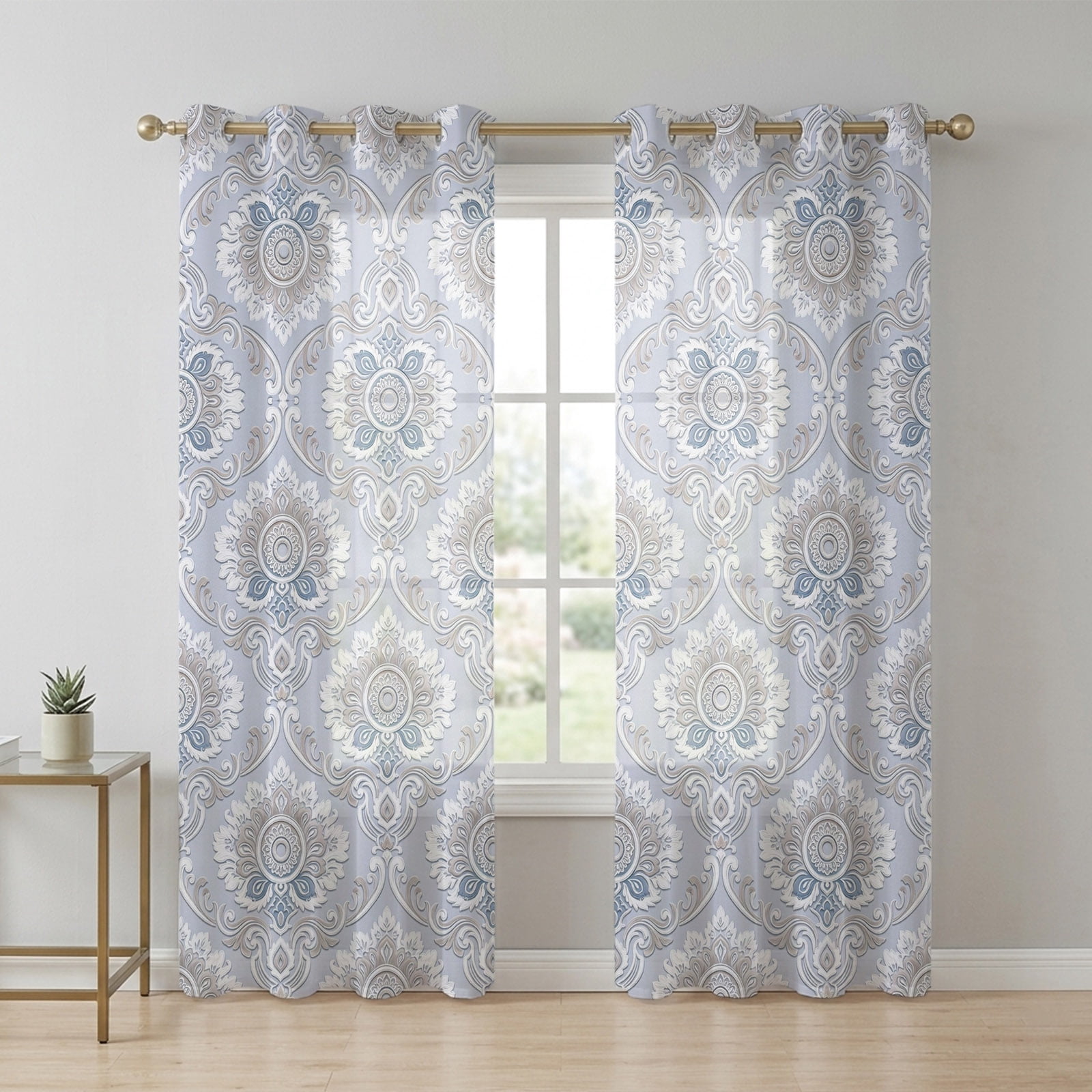 Blue Damask Sheer Curtains 84 Inch Long 2 Panels, Boho White Light Blue ...