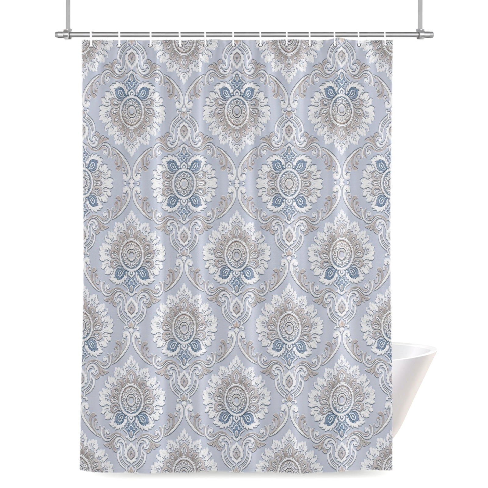 Blue Damask Shower Curtains for Bathroom, Boho White Light Blue Floral ...