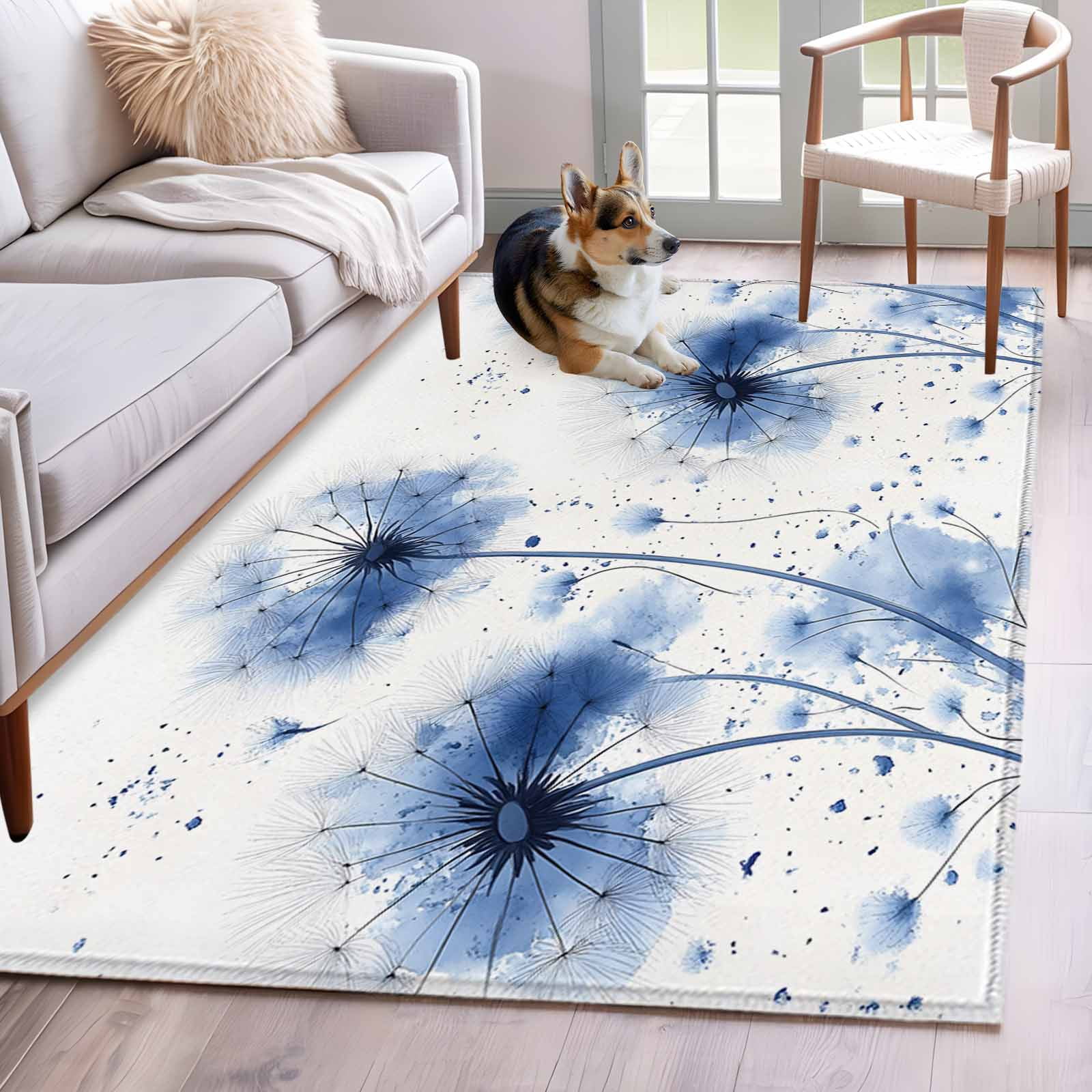 Blue Dandelion Area Rug 4x6 Washable Rug Non Slip Simple Pastoral ...