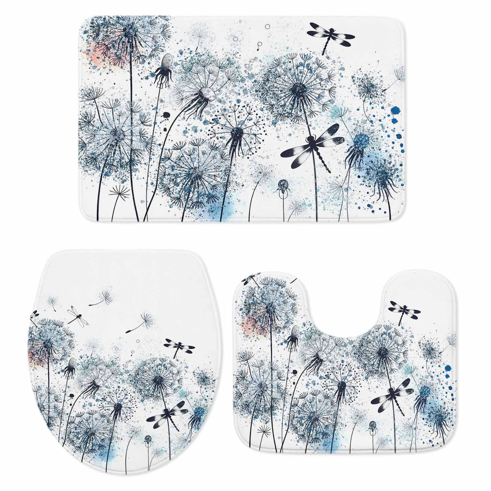 Blue Dandelion Bathroom Rugs Set Dragonfly Flower Plant Watercolor ...