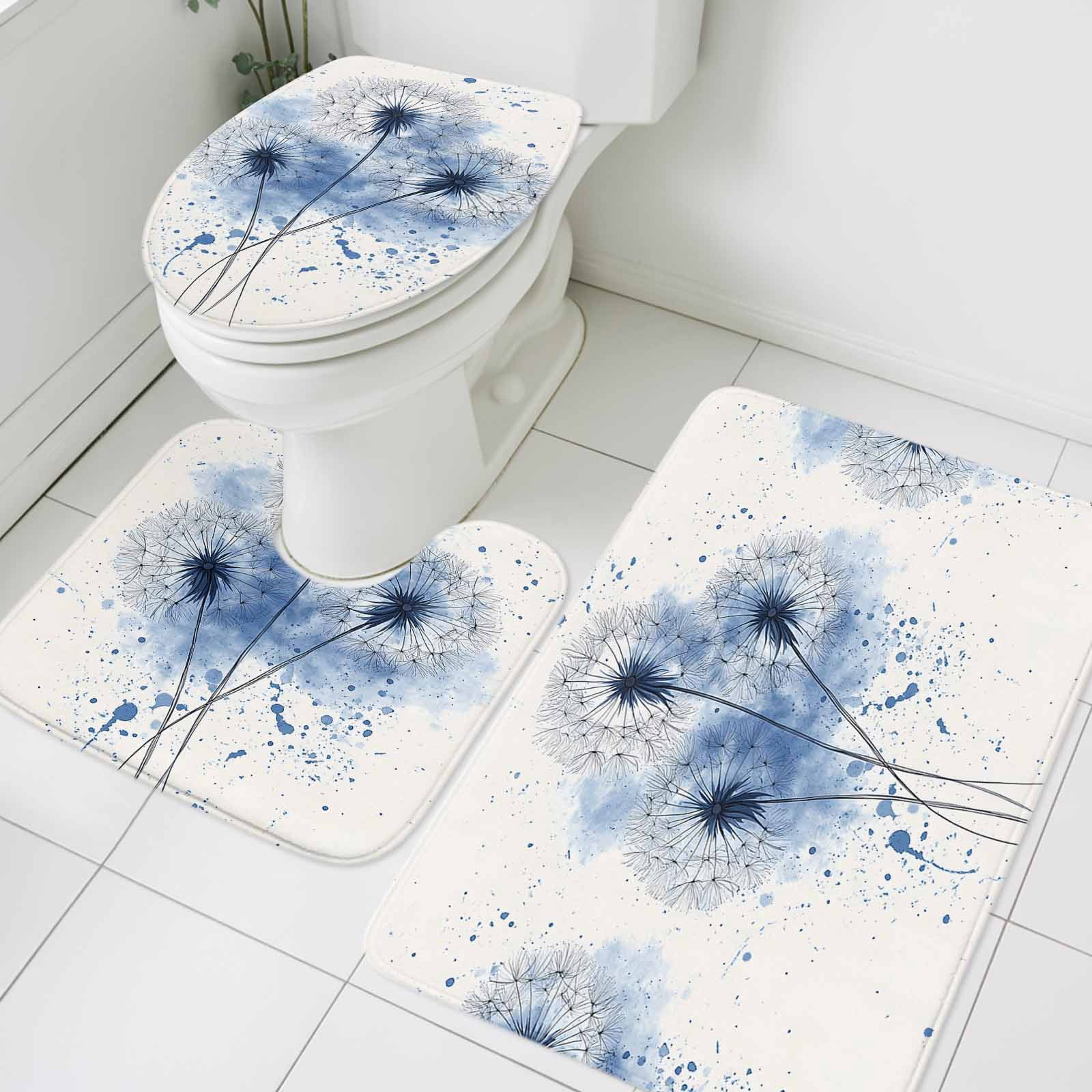 Blue Dandelion Bathroom Rugs Set Watercolor White Blue Flowers Spring ...