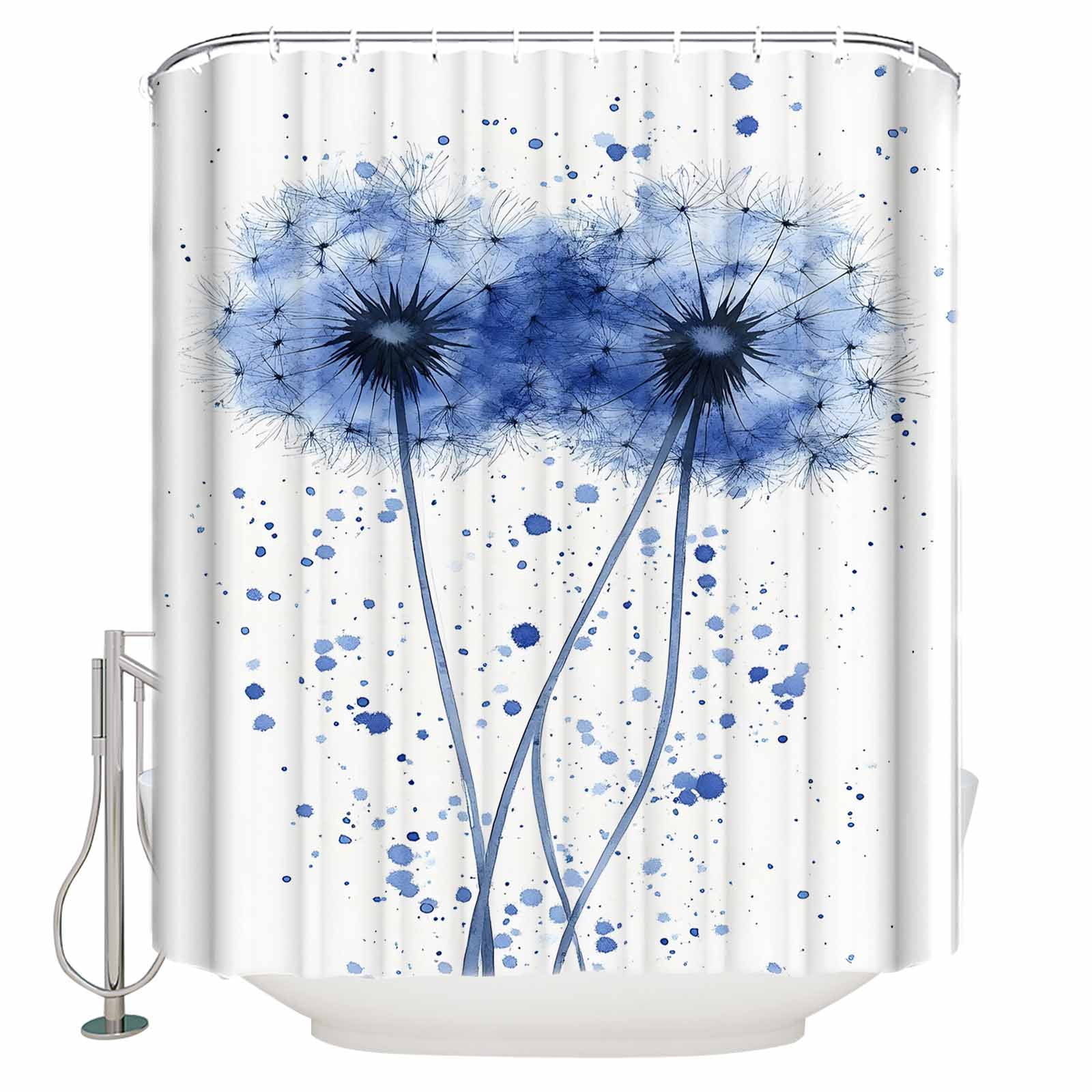 Blue Dandelion Bathroom Shower Curtains with 12 Hooks Polyester ...
