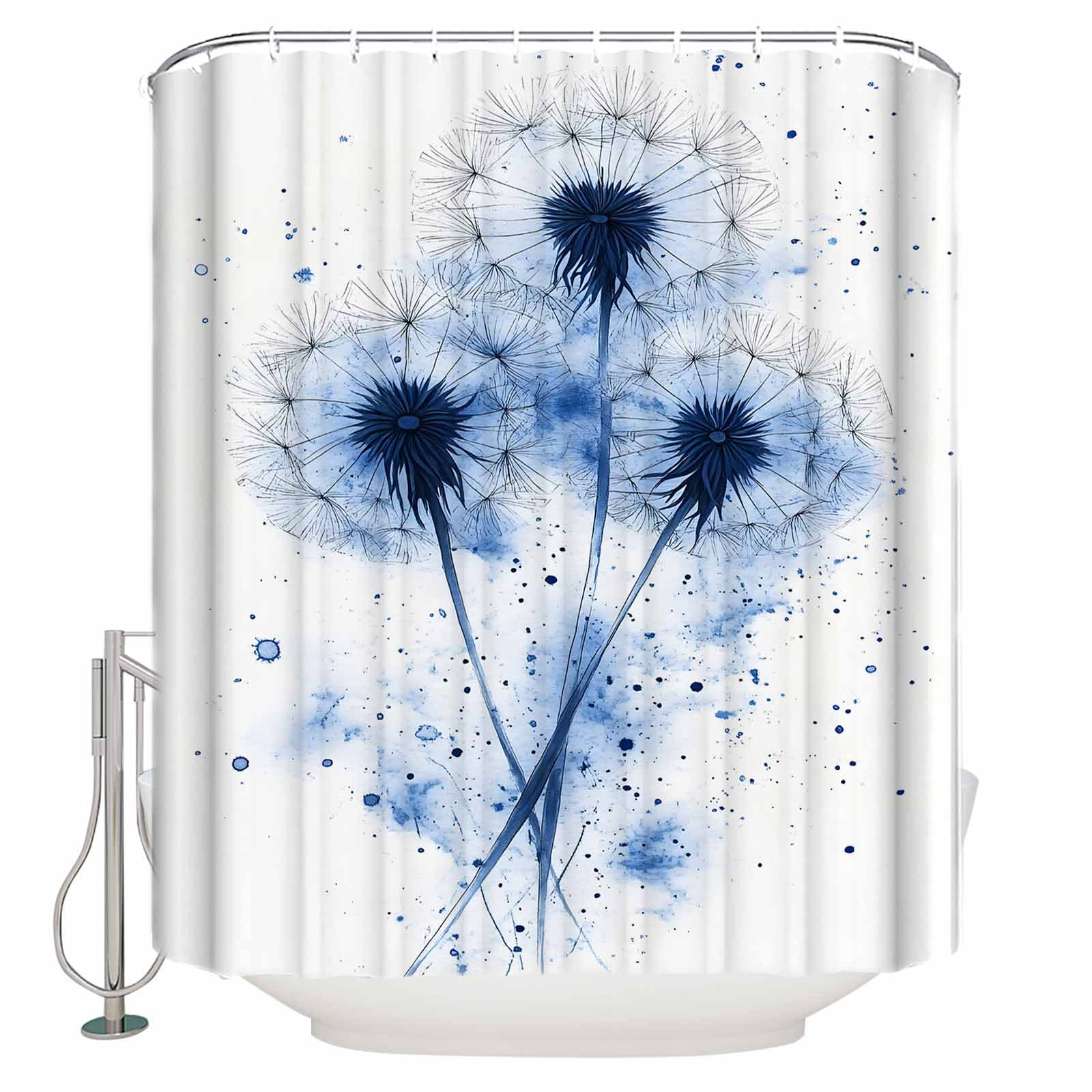 Blue Dandelion Bathroom Shower Curtains with 12 Hooks Polyester ...