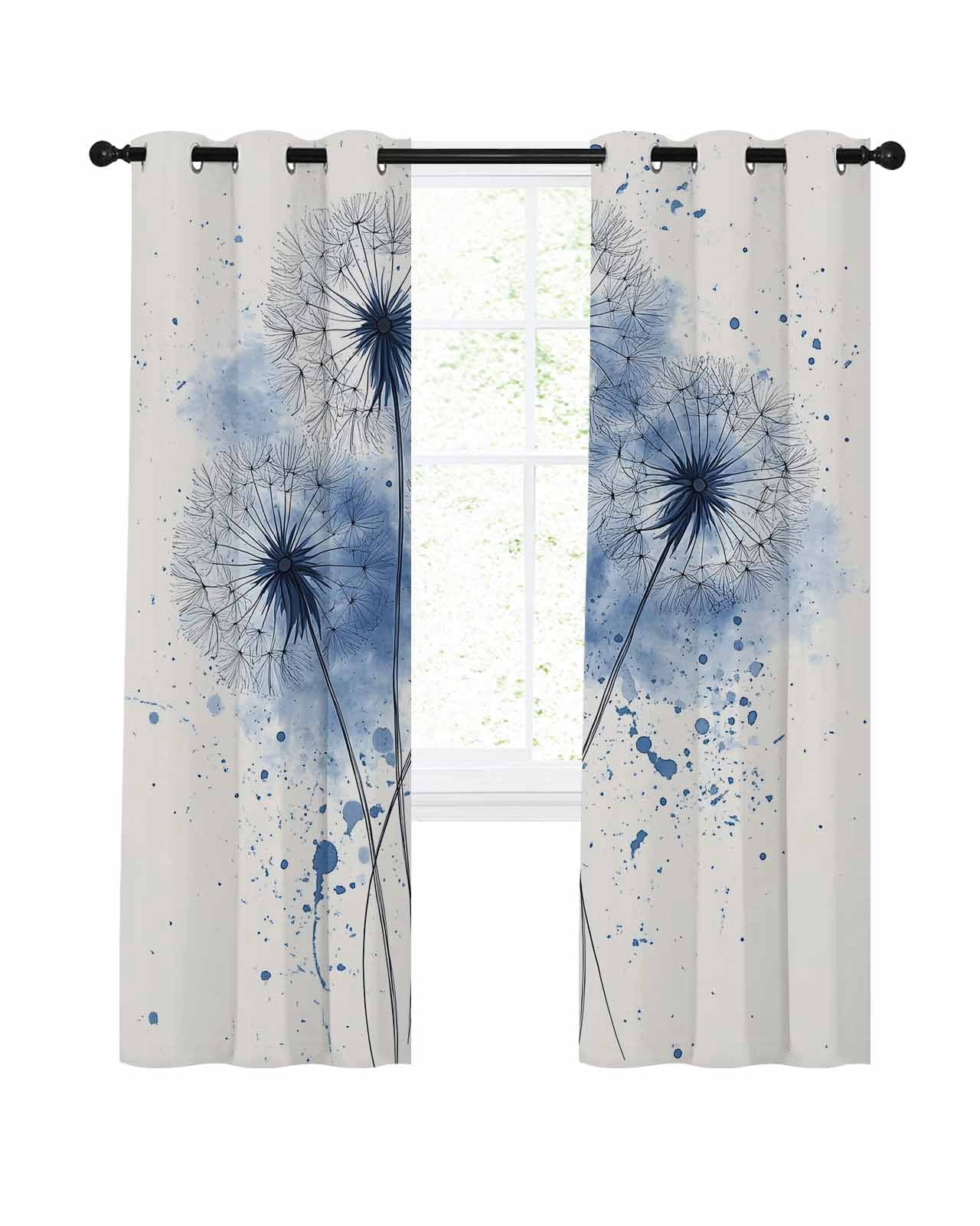 Blue Dandelion Blackout Curtains 96 Inch Length Watercolor White Blue ...