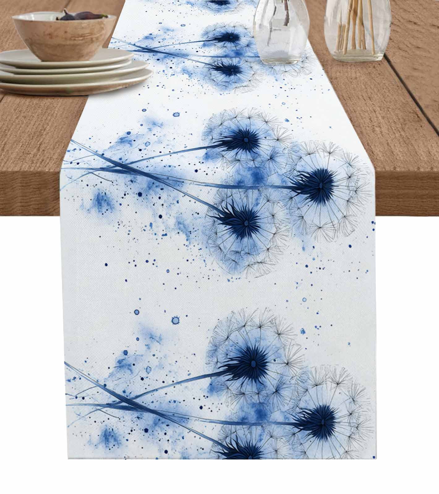 Blue Dandelion Burlap Cotton Table Runner 13x70 Inches Long, Rustic ...