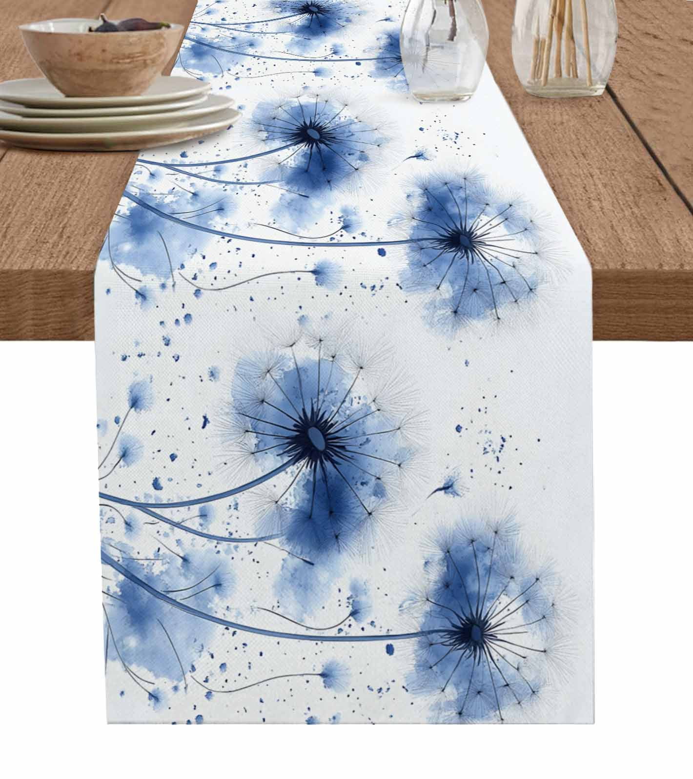 Blue Dandelion Burlap Cotton Table Runner 13x70 Inches Long, Simple ...
