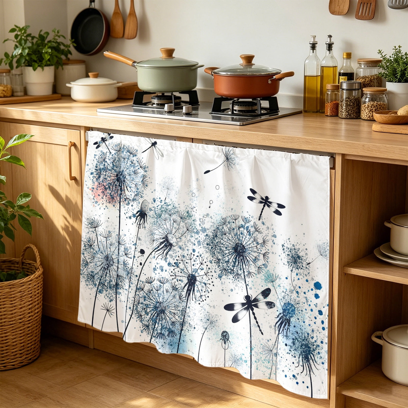 Blue Dandelion Cabinet Curtains 35" W x 35" L Dragonfly Flower Plant ...
