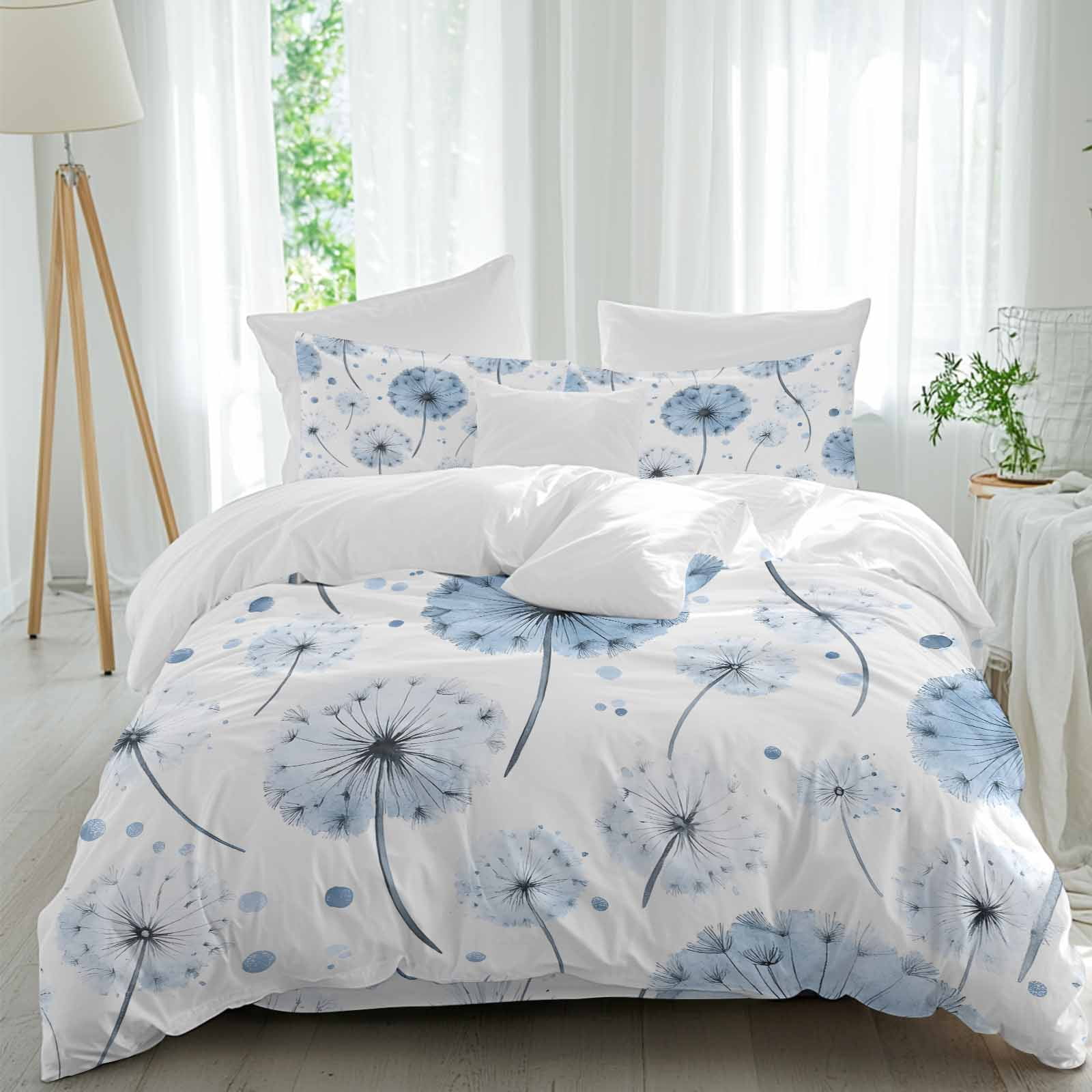 Blue Dandelion California King Duvet Cover Set, Pastoral Flowers ...