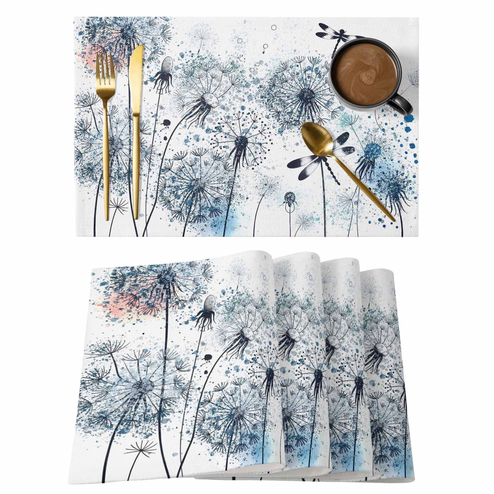 Blue Dandelion Cotton Linen Placemats Set of 1, Dragonfly Flower Plant ...