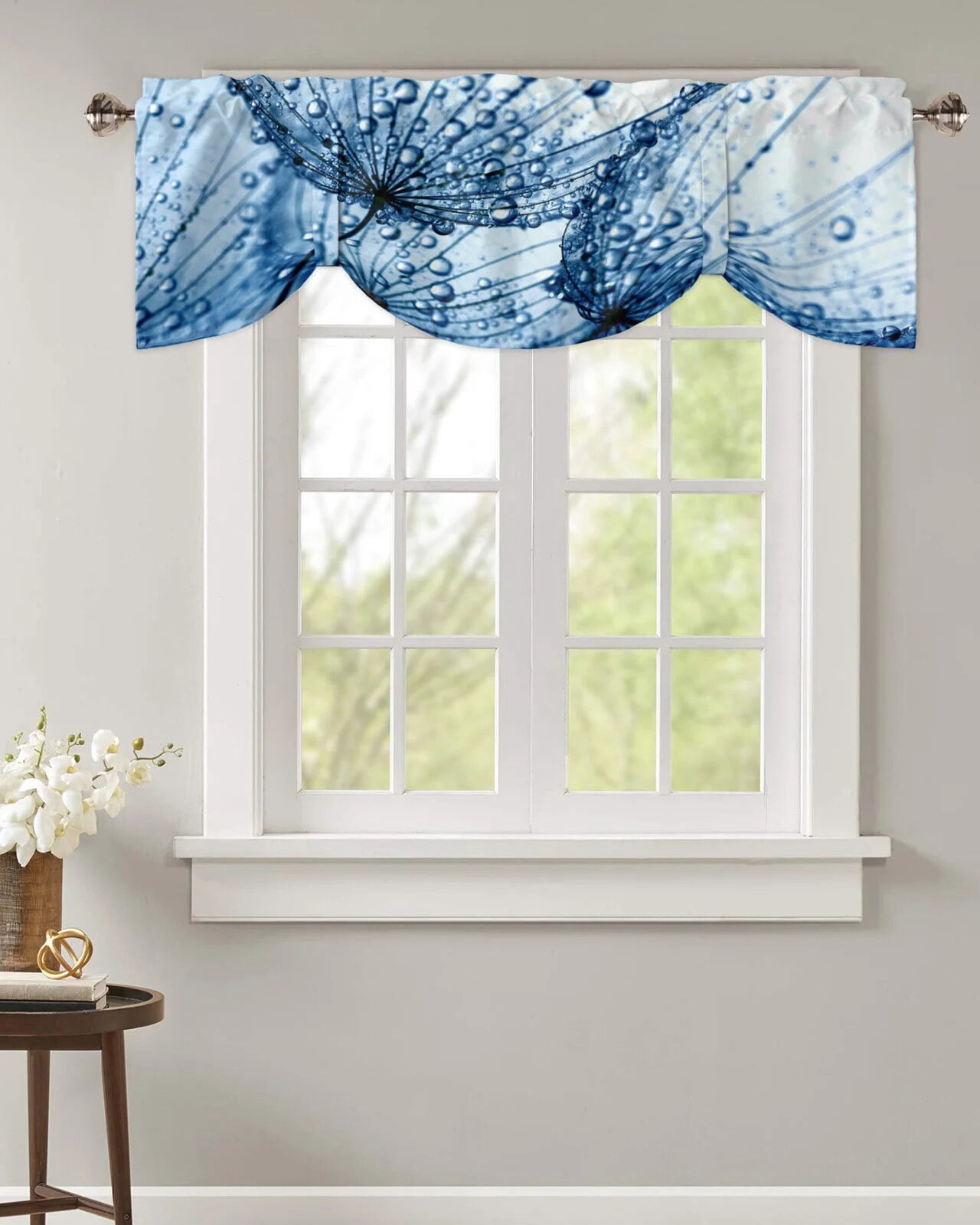Blue Dandelion Flower Droplets Window Curtain Kitchen Cabinet Coffee ...