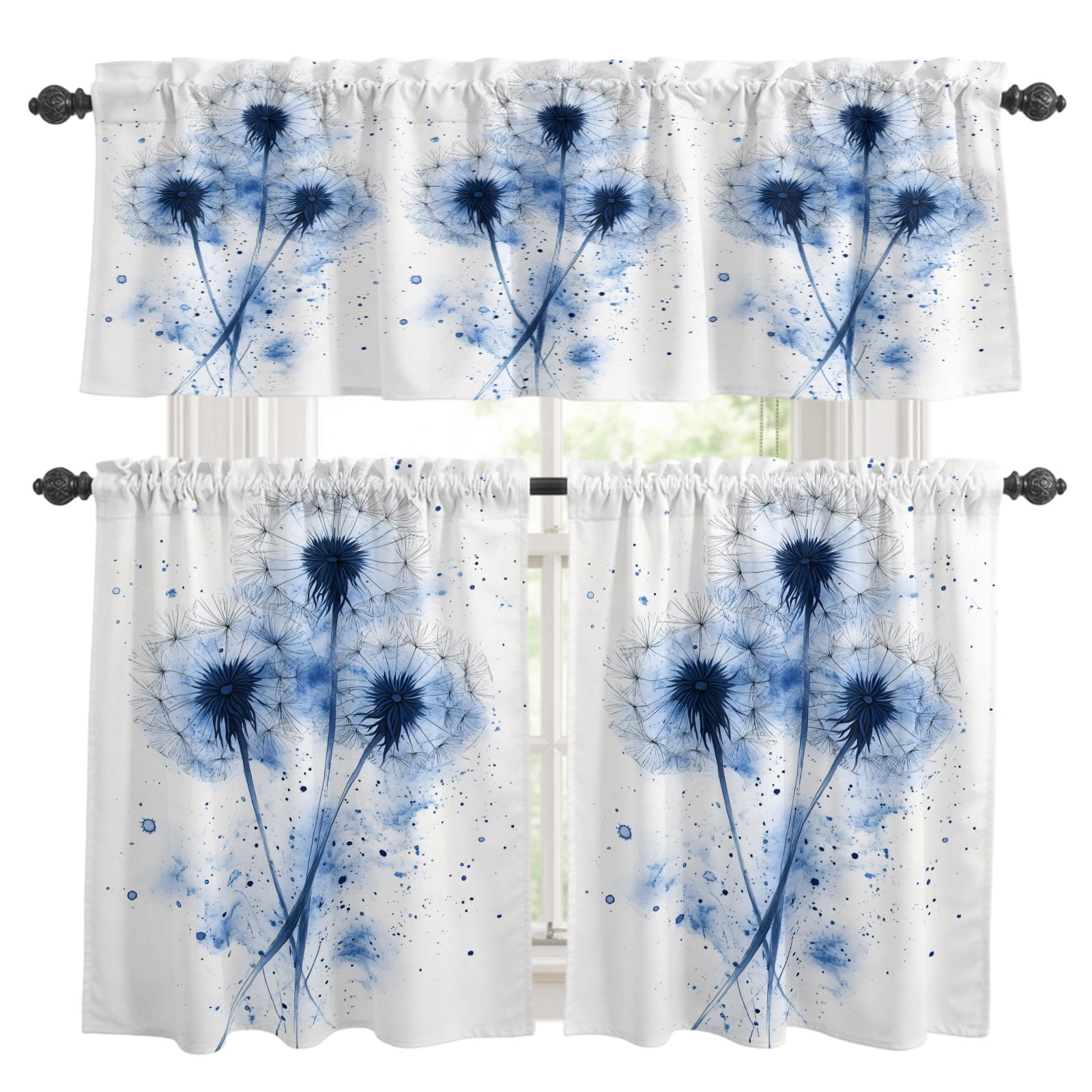 Blue Dandelion Kitchen Curtains Set for Windows, Watercolor Blue ...