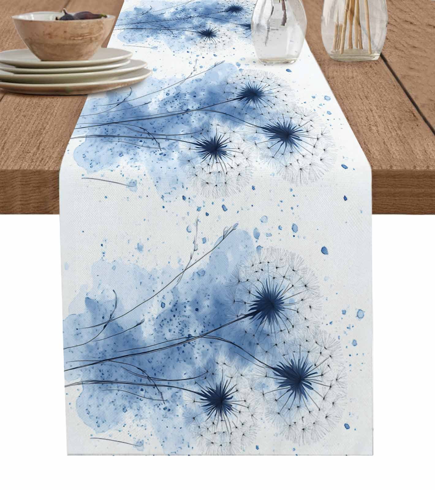 Blue Dandelion Table Runner 120 Inches, Minimalism Watercolor Flowers ...