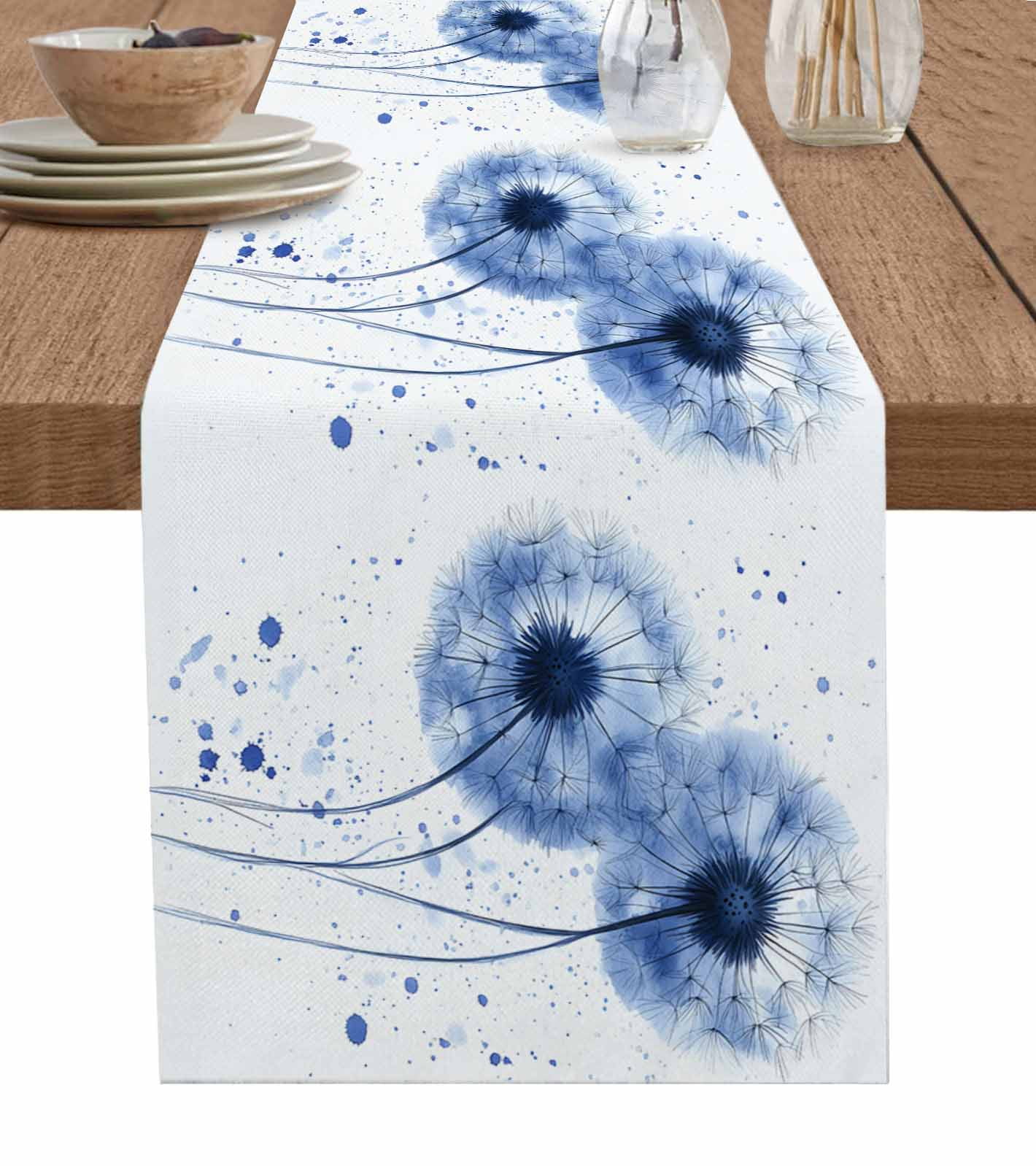Blue Dandelion Table Runner 48 Inches, Contemporary Simple Watercolor ...