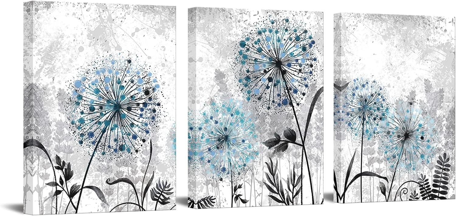 Blue Dandelion Wall Art Set 3 Pieces Grey Abstract Flower Canvas ...