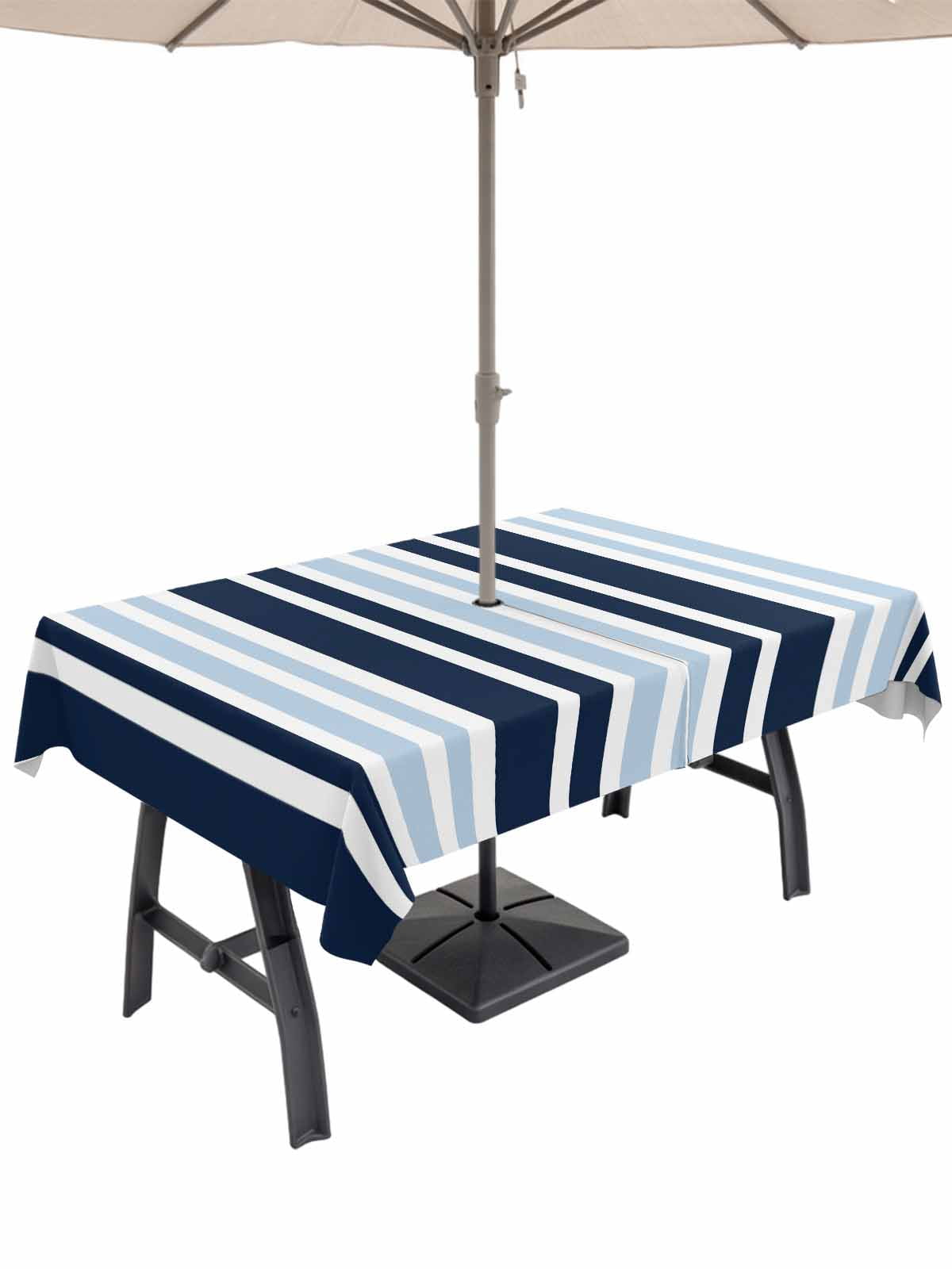 Blue Dark Rectangle Outdoor Tablecloth with Umbrella Hole Blue Striped ...