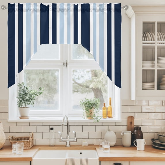 Blue Dark Swag Curtain Valance for Windows, Blue Striped Minimalist ...