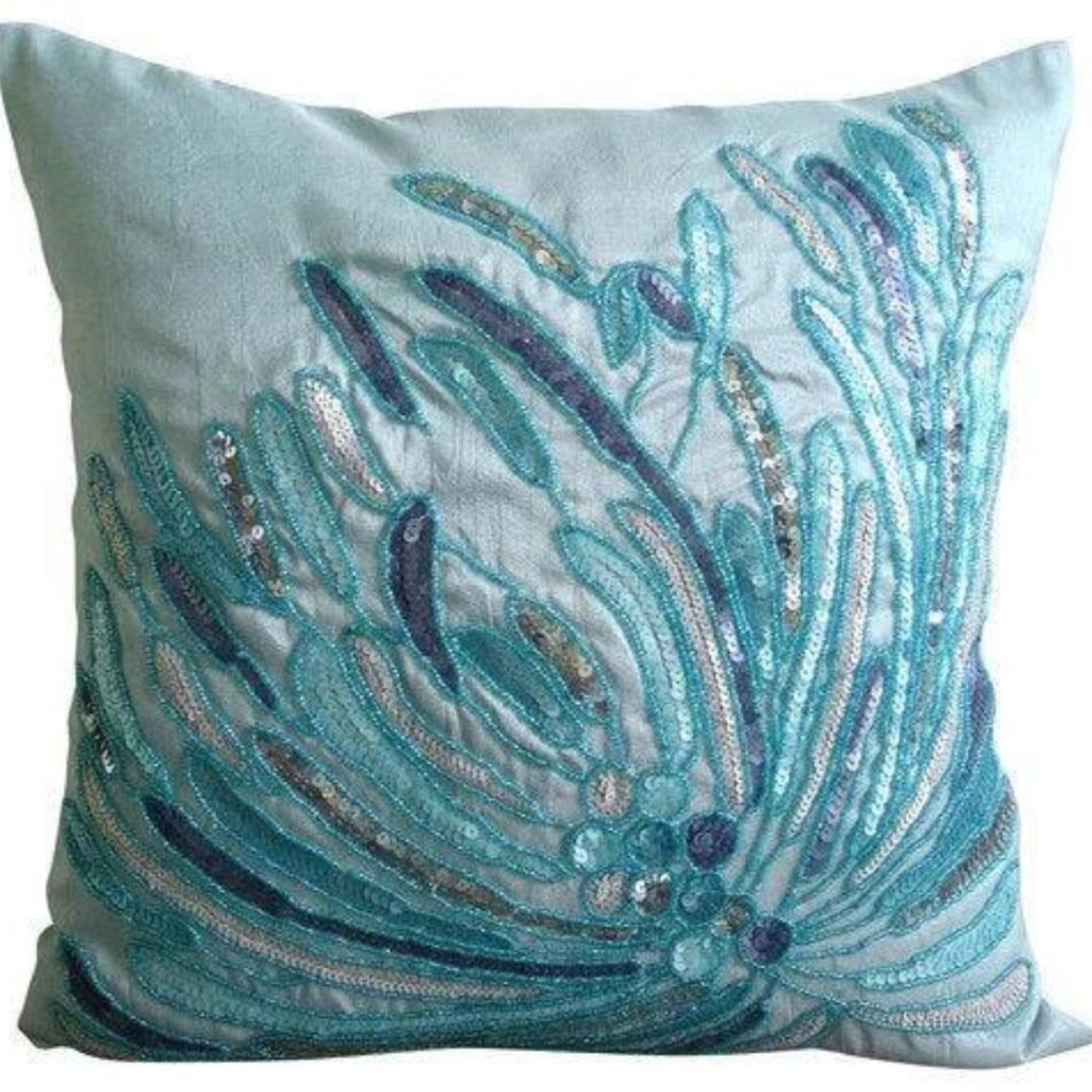 Blue Decorative Pillow Cover, Aqua Sequins Beaded Beach Ocean Theme ...