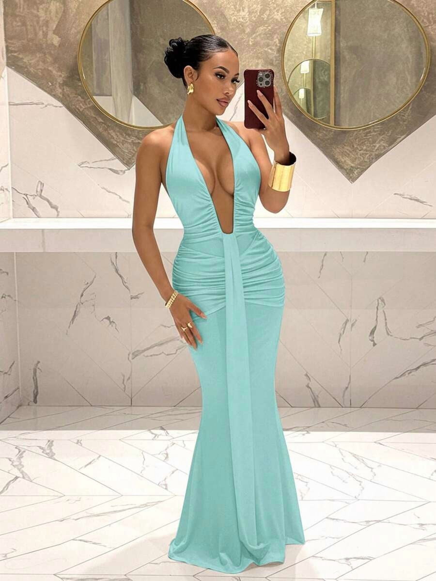 Blue Deep V-Neck Ruched Mermaid Maxi Dress For Party Birthday Bar ...