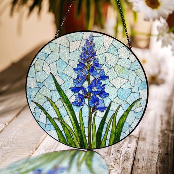 Blue Delphinium Flower Glass Suncatcher Handmade Round Window Decor For ...