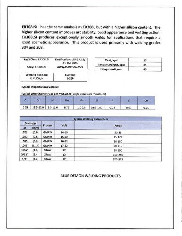Blue Demon 308LSI X .045 X 30LB Spool stainless steel welding wire ...