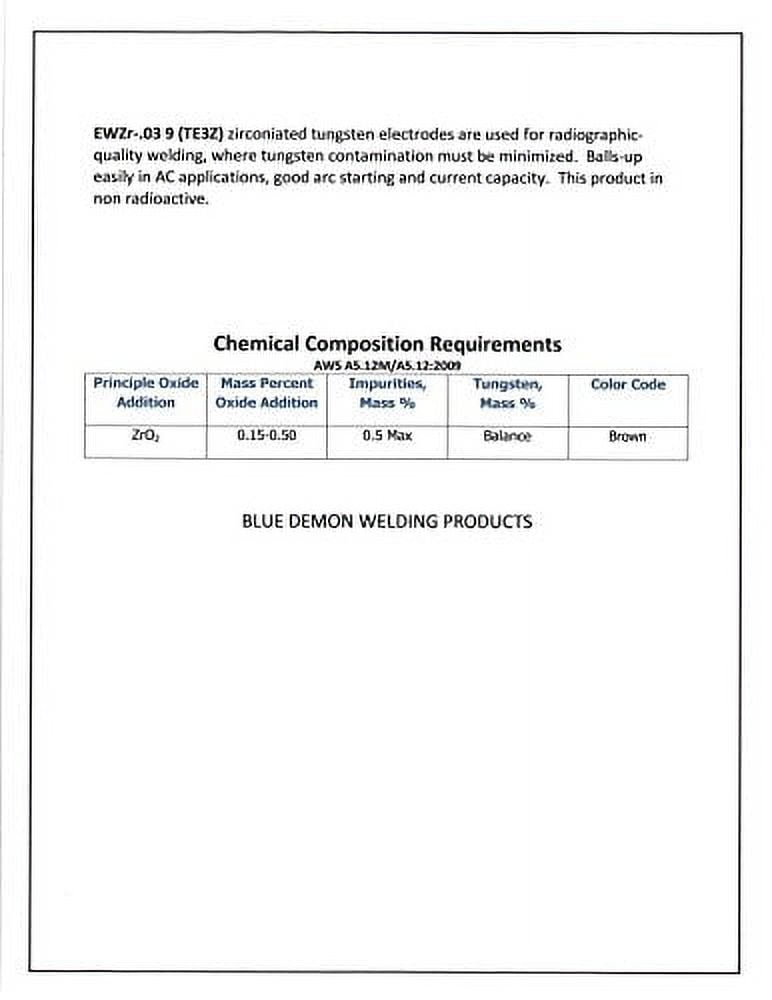 Blue Demon TIG Welding Tungsten Electrodes, 0.3% Zirconiated, BROWN ...