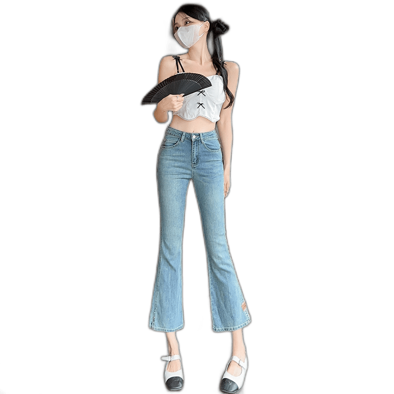 Blue Denim Boot Cut Pants For Women With Spring Design Slit Legs And Eight Quarter Flares