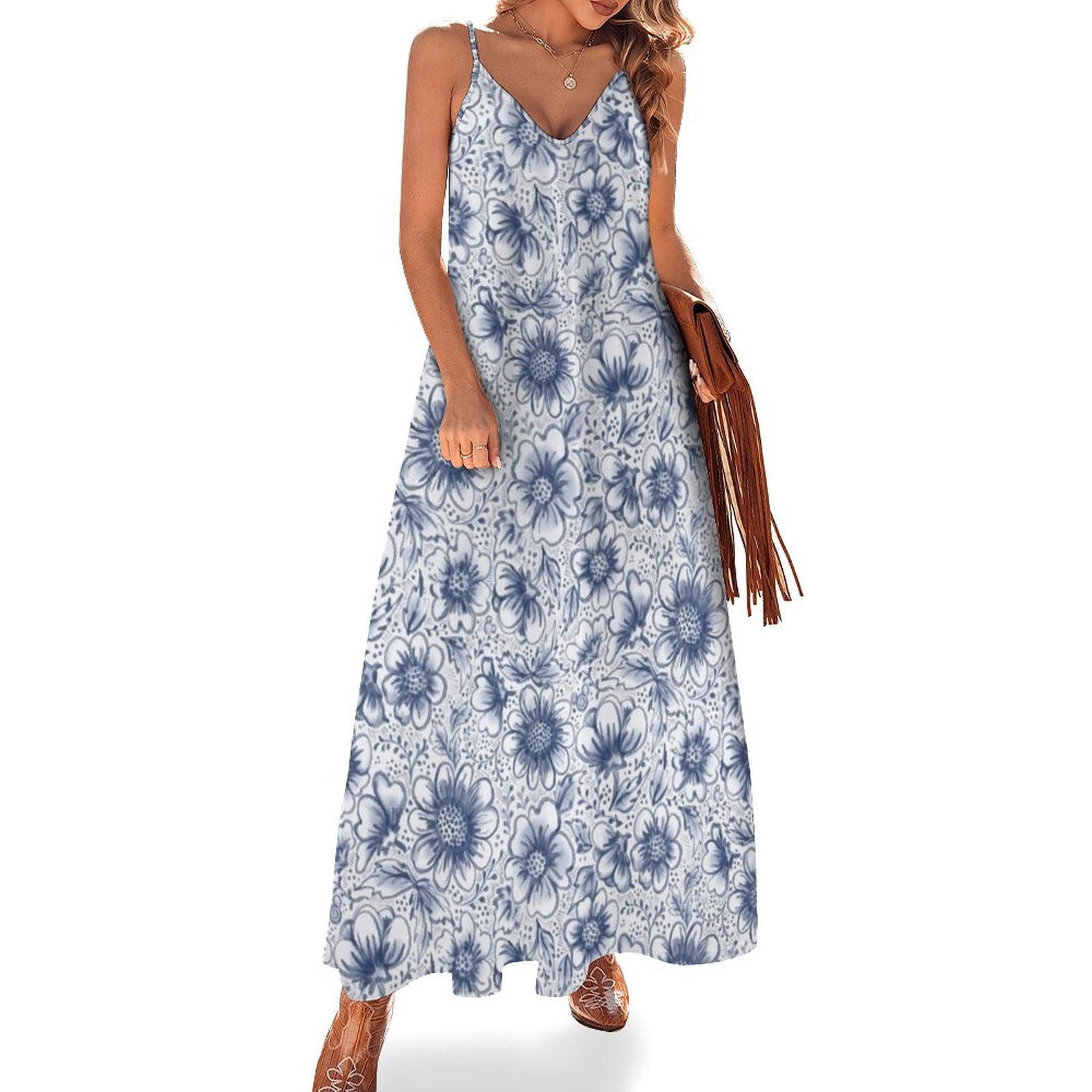 Blue Denim Floral with Hidden Surprise Sleeveless Dress dress party evening elegant luxury ...