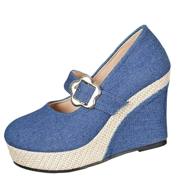 Blue Denim Wedge Shoes For Women With Buckle Strap Comfortable Casual ...