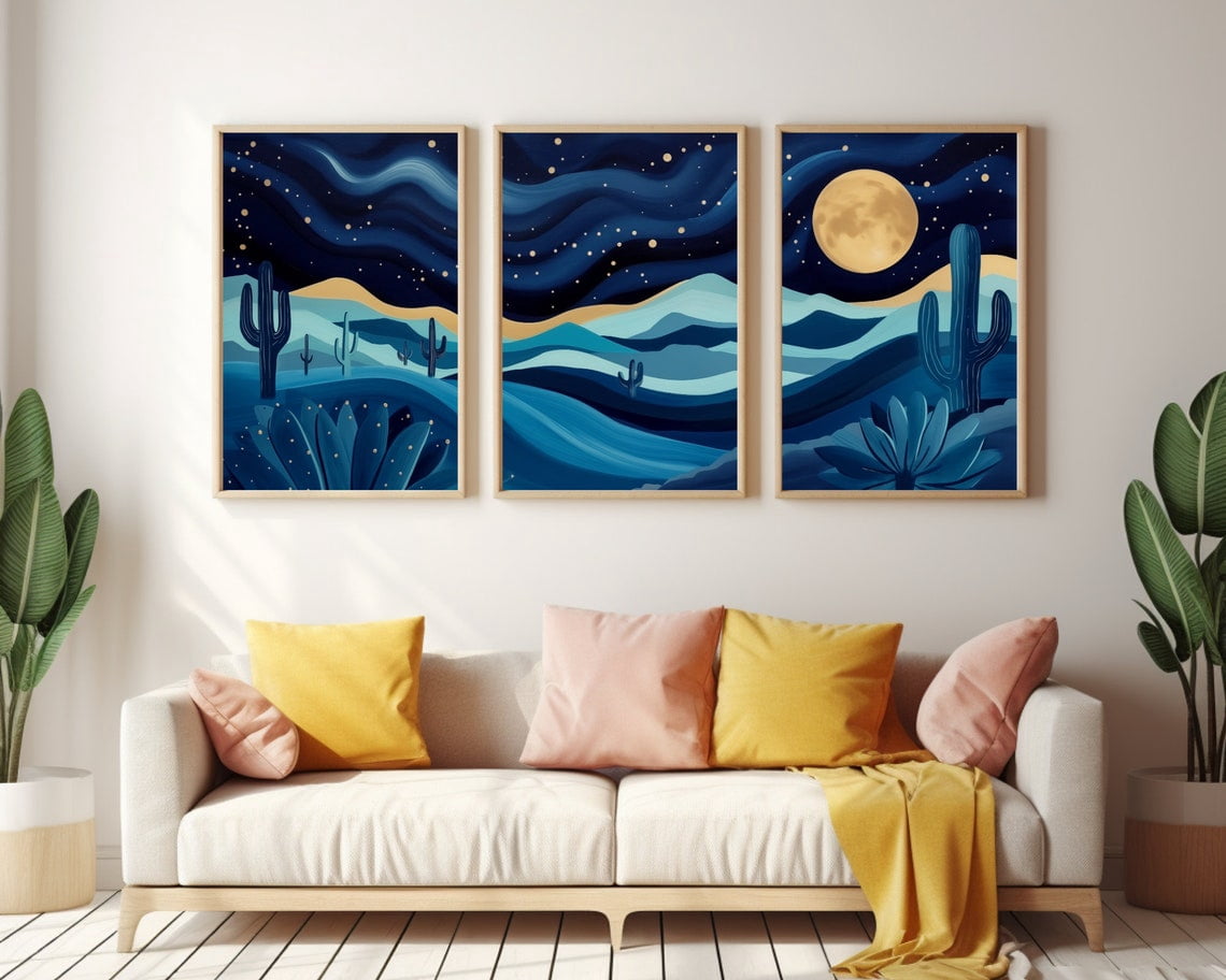 Blue Desert Cactus Landscape Wall Art Southwest Night Sky Decor ...