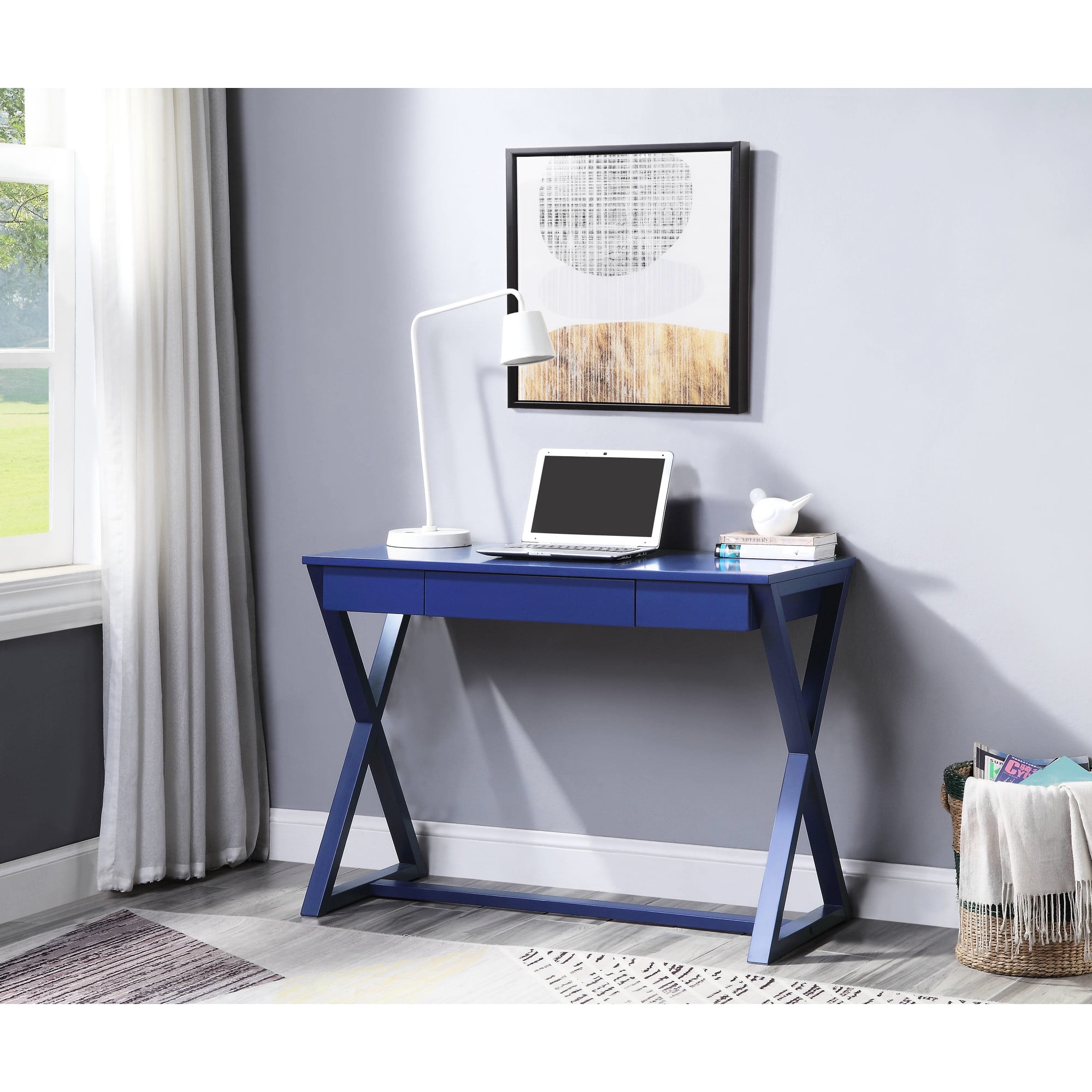 Blue Desk With Stable 1 And X-shaped Construction Rectangular Writing ...