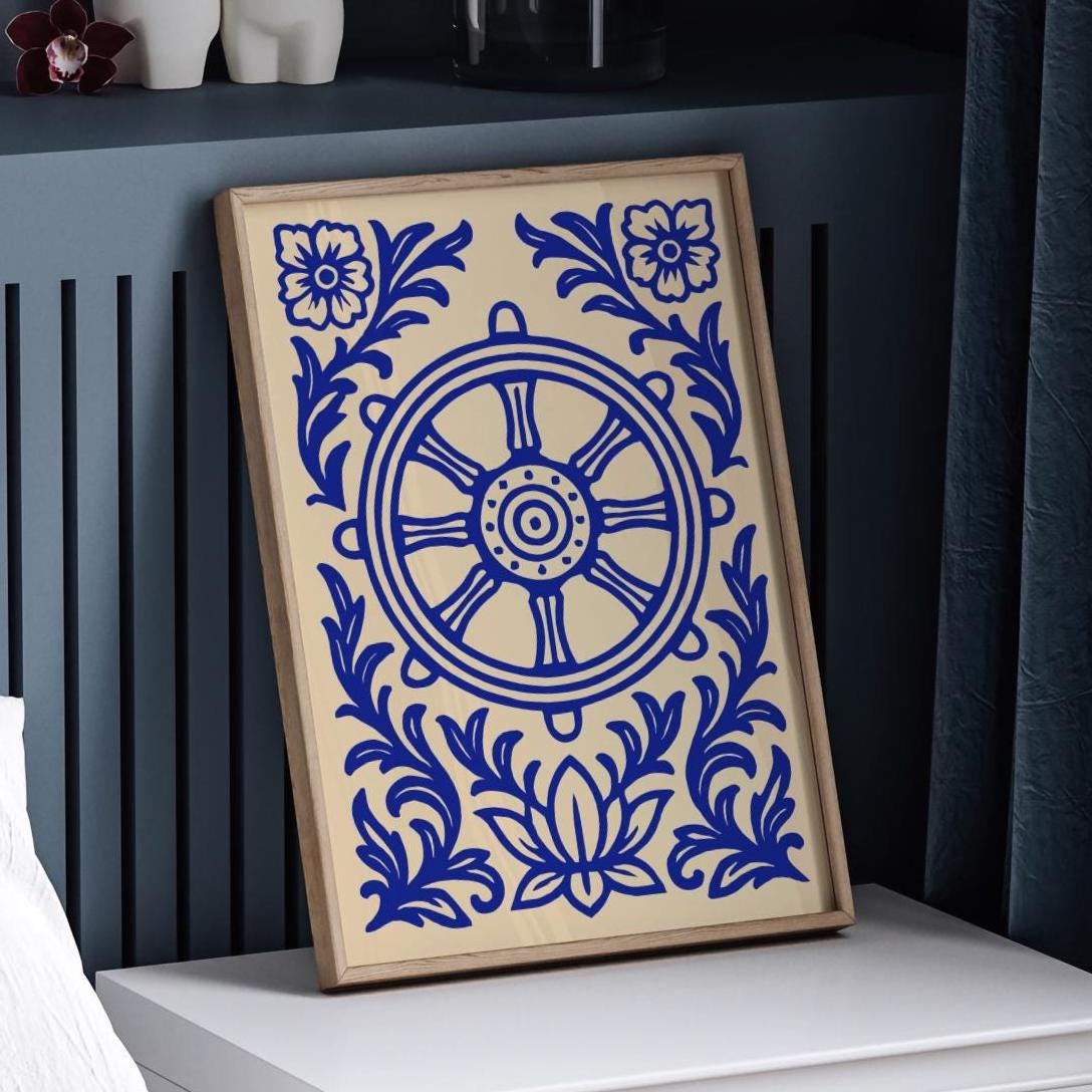 Blue Dharmachakra Poster, Wheel Of Dharma Buddhist Wall Art, Spiritual ...