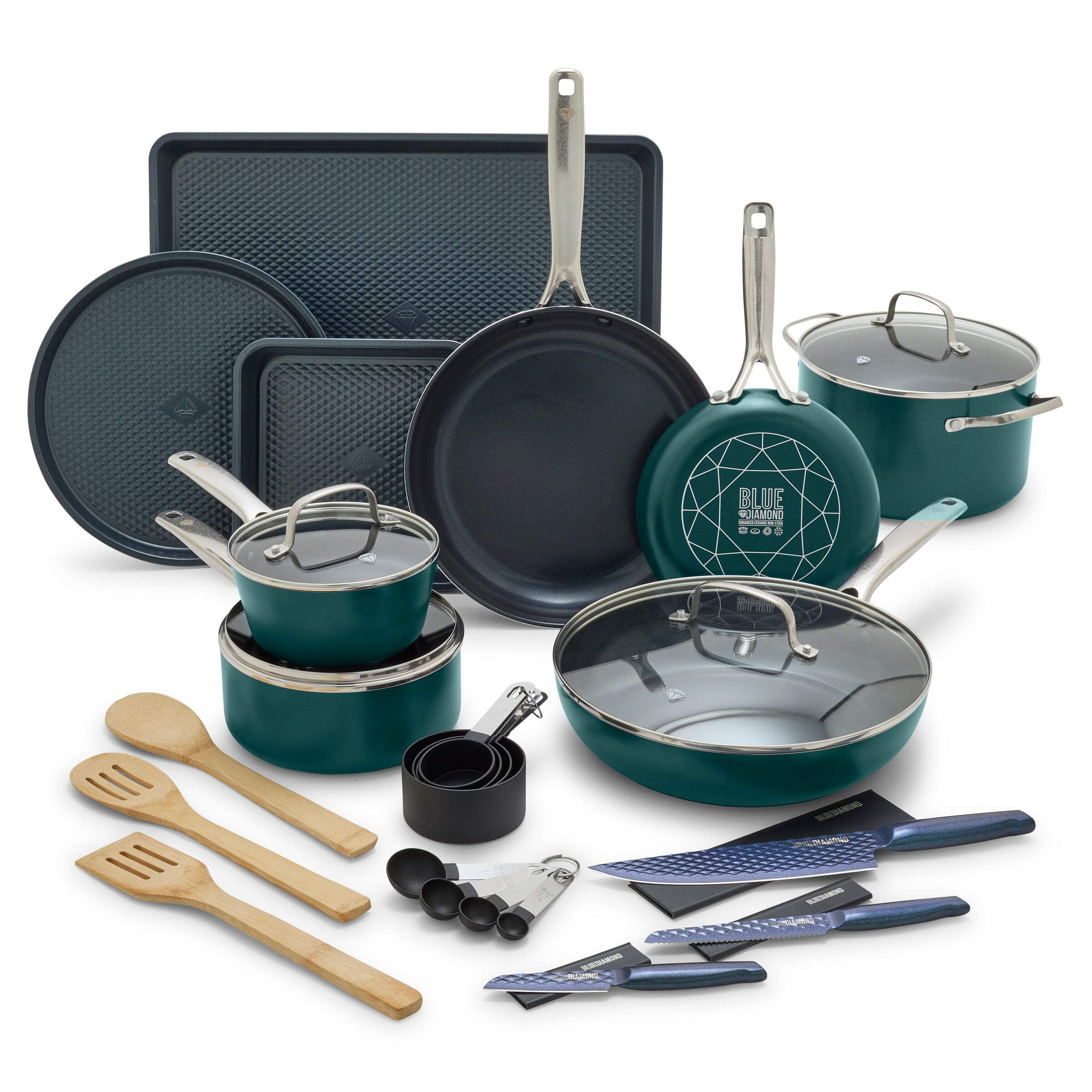 Blue Diamond Nonstick Coated Pots & Pans, 30-Piece Green Ceramic ...