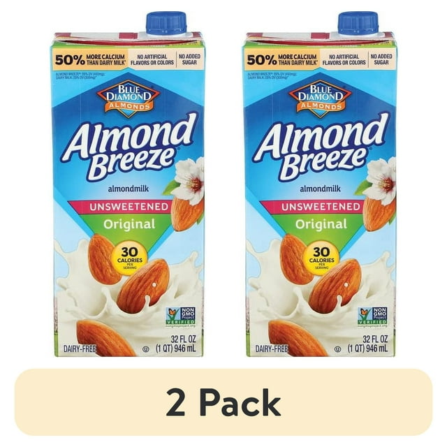 (2 pack) Blue Diamond Almond Breeze Almond Milk - Unsweetened Original 32 fl oz Liq - Walmart.com