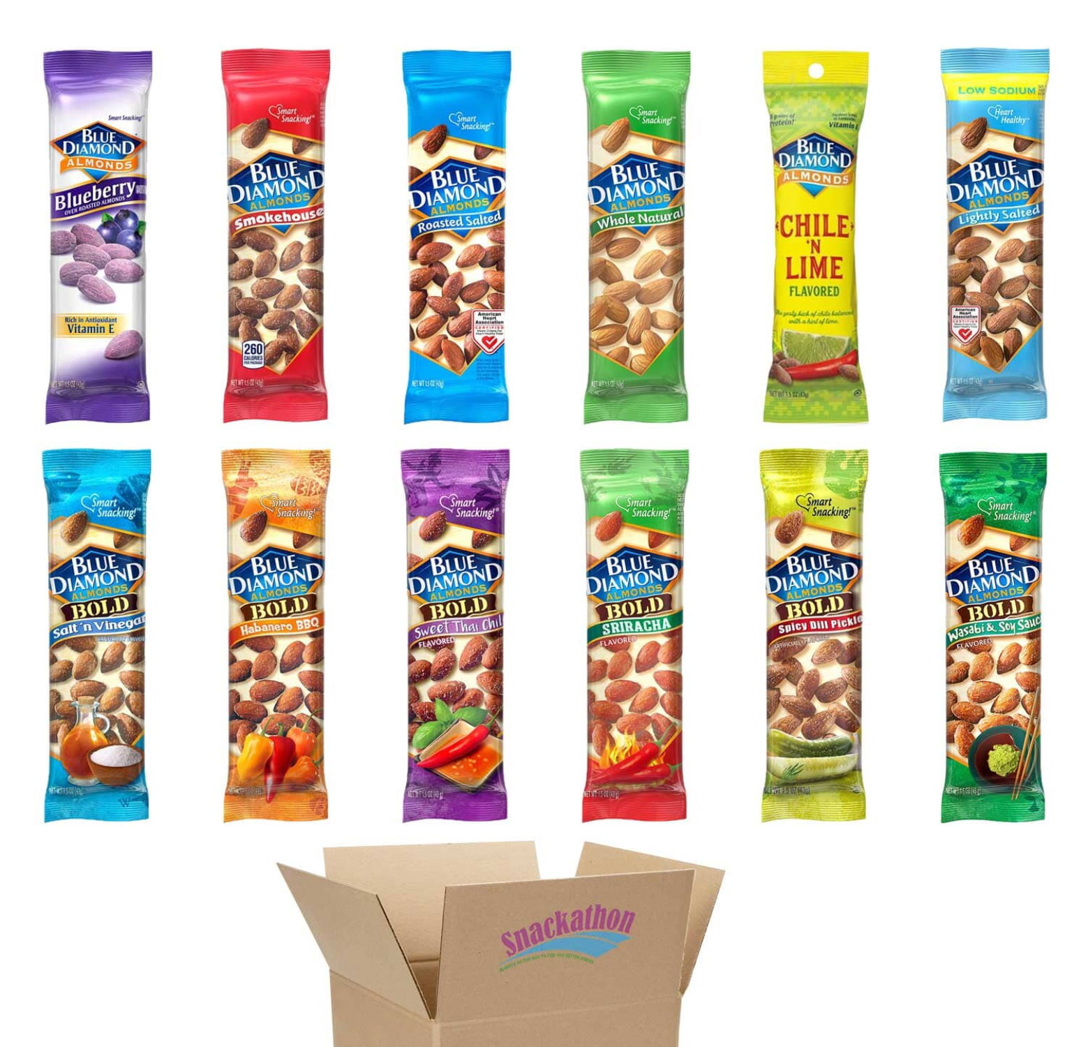 Snackathon Blue Diamond Almond Variety Pack, 12 Flavors, 1.5 Oz Bags ...