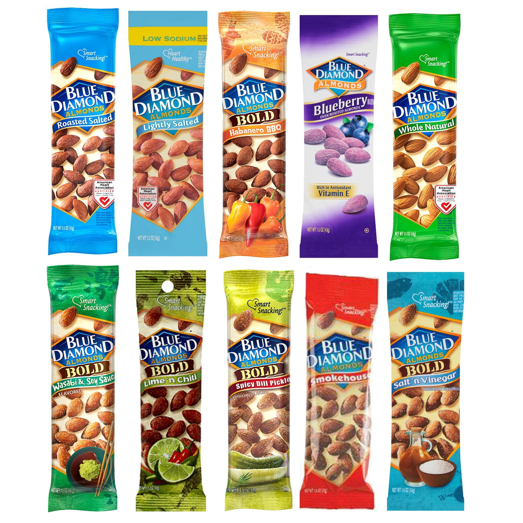 Blue Diamond Almond Variety VTF5 Packs, 10 Flavors, 1.5 Ounce Bags ...