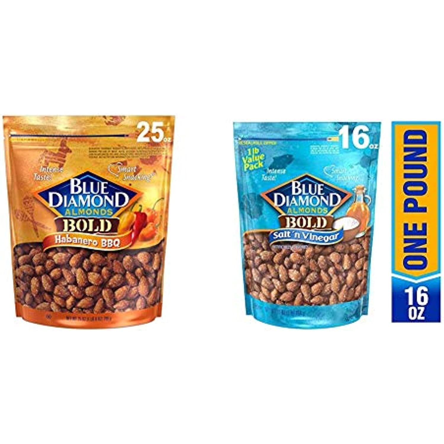 Blue Diamond Almonds Bold Habanero Bbq Almonds, 25 Ounce & Bold Salt N ...