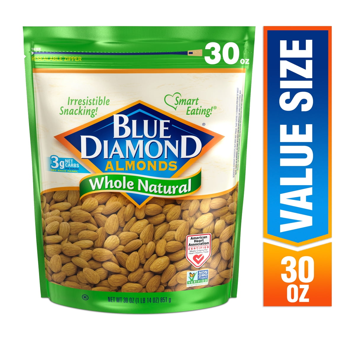 Blue Diamond Whole Natural Almonds, 30 oz Raw Nuts Pack - Walmart.com